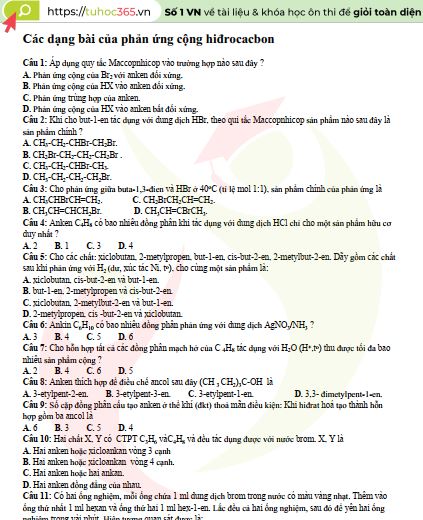Phương pháp giải bài tập phản ứng cộng Hiđrôcacbon - Tự Học 365