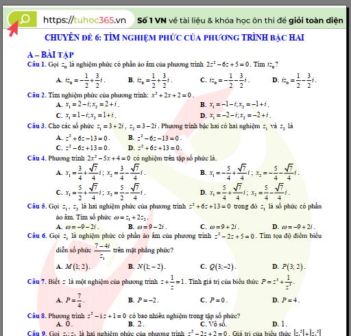 Chuyên đề 6. TÌM NGHIỆM PHỨC CỦA PT BẬC 2 - Tự Học 365