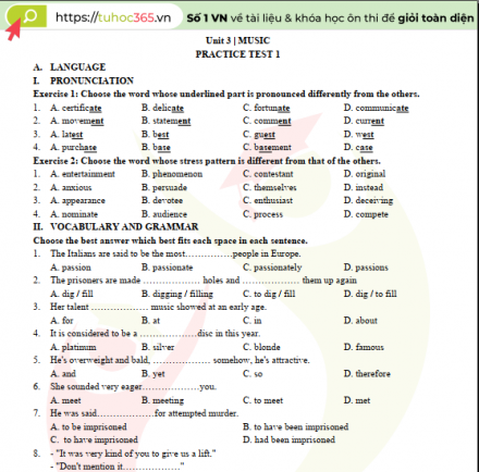 PRACTICE TEST UNIT 3 - Tự Học 365 - PRACTICE TEST UNIT 3