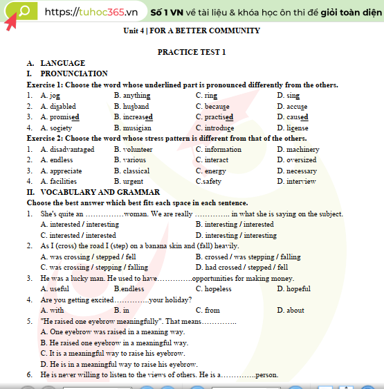 PRACTICE TEST UNIT 4 - Tự Học 365 - Tự Học 365