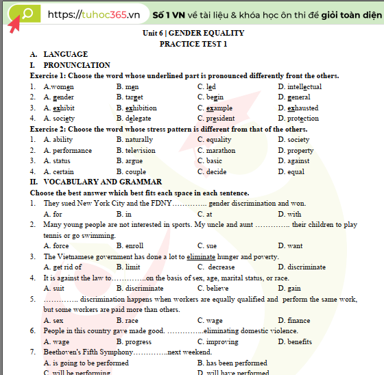 PRACTICE TEST UNIT 6 - Tự Học 365 - Tự Học 365